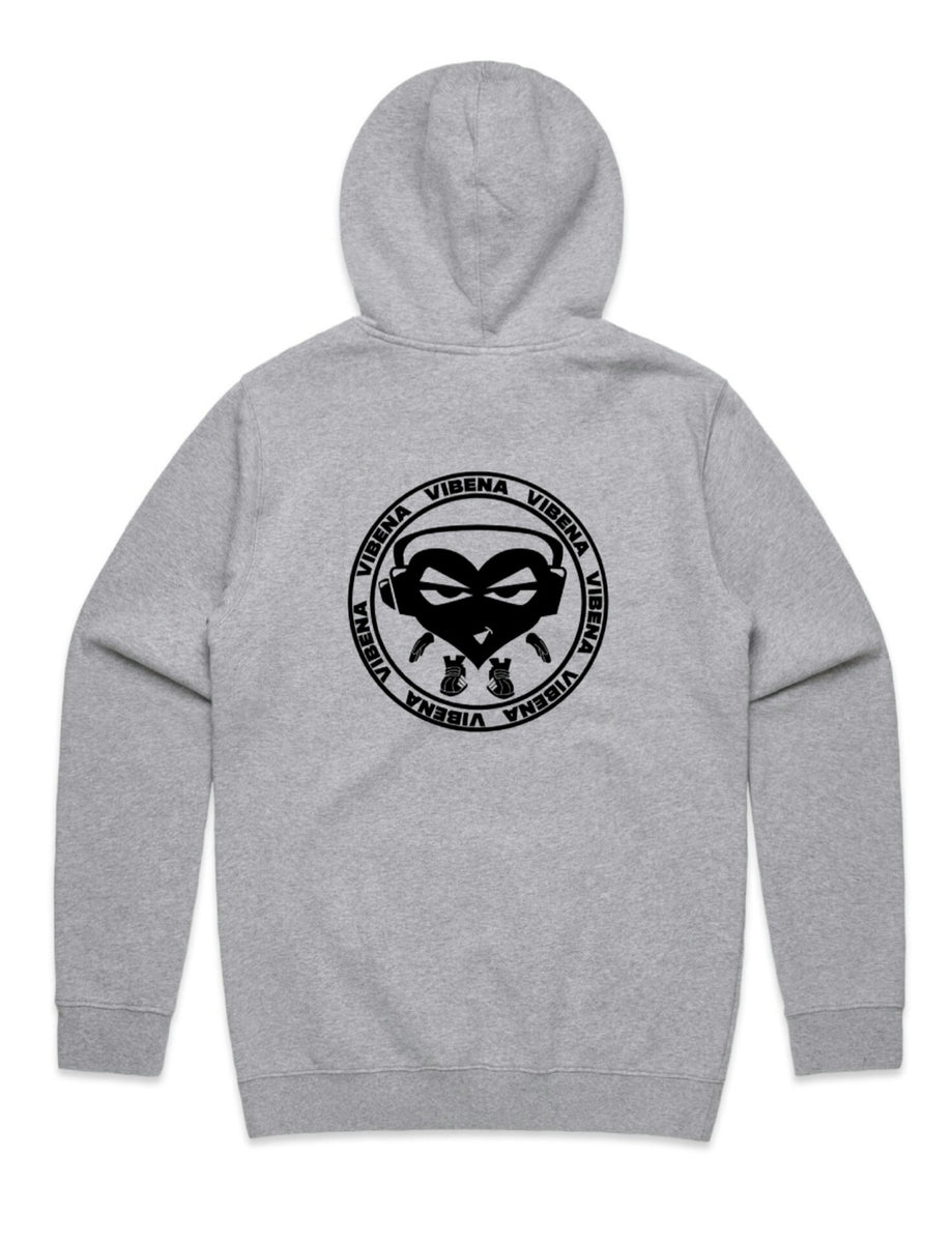 Vibena hoodie. Athletic heather with black Vibena character logo (fron ...